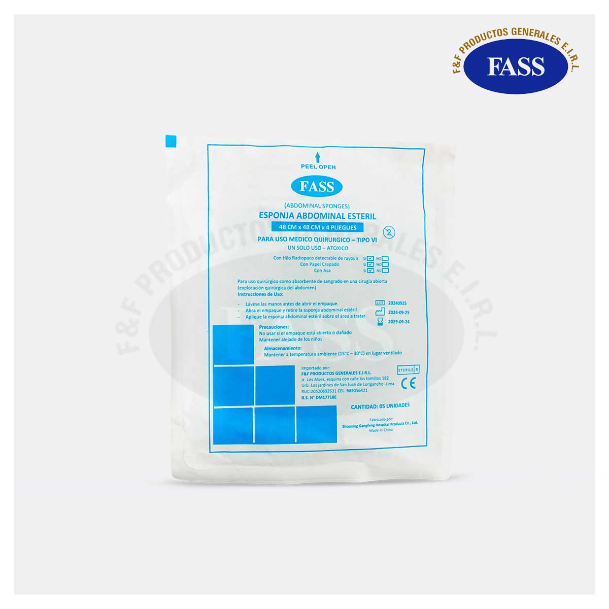 COMPRESA DE GASA QUIRURGICA 48 CM x 48 CM x 5 UNDS CON ASA E HILO ...